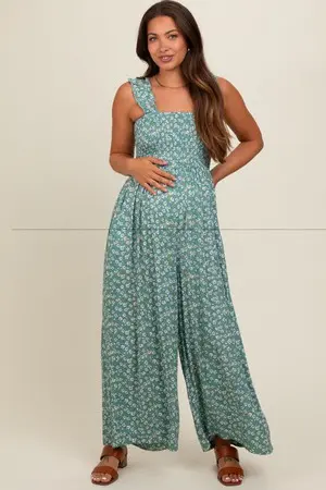 PINKBLUSH Floral Print Wide Leg Maternity Jumpsuit - Teal