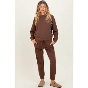 PINKBLUSH Fleece Long Sleeve Pullover & Jogger Set - Brown