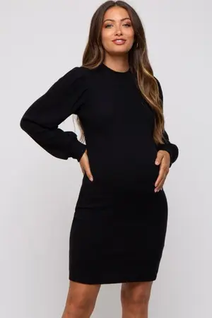 PINKBLUSH Ribbed Long Sleeve Mock Neck Dress - Black