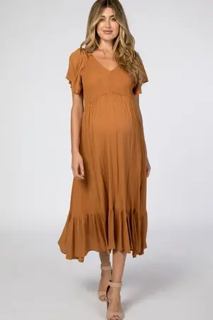 PINKBLUSH Smocked V-Neck Maternity Midi Dress Brown
