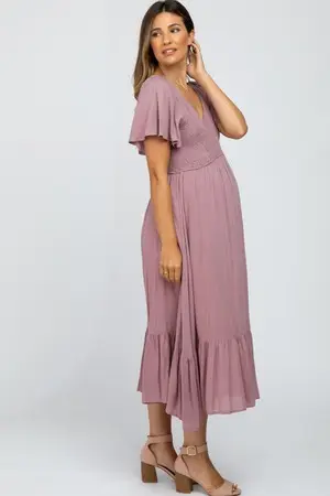 PINKBLUSH Smocked V-neck Maternity Midi Dress - Mauve