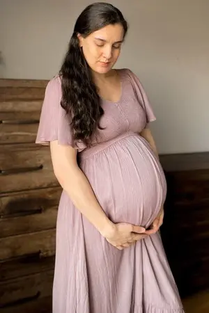 PINKBLUSH Smocked V-neck Maternity Midi Dress - Mauve