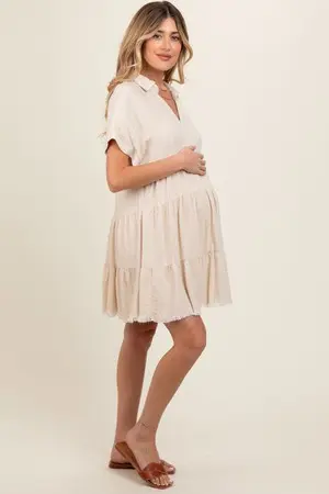 PINKBLUSH Tiered Linen Maternity Dress - Cream