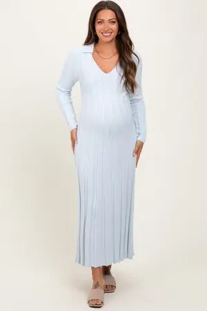 PINKBLUSH Ribbed Knit Collared Midi Dress