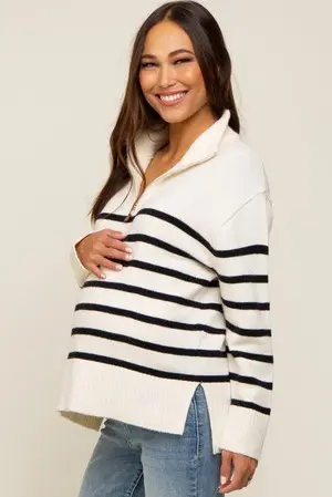 PINKBLUSH Striped Half Zip Maternity Sweater