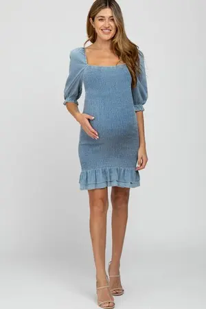 PINKBLUSH Square Neck Smocked Denim Dress