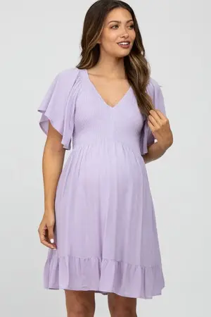 PINKBLUSH Smocked Front Ruffle Hem Dress - Lavender
