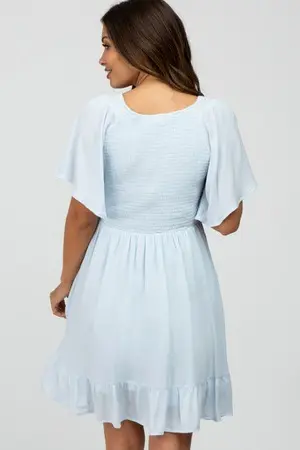 PINKBLUSH Smocked Front Ruffle Hem Dress - Light Blue