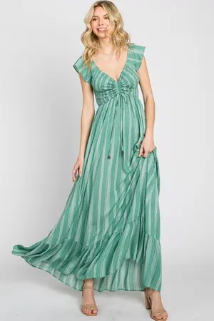 PINKBLUSH Striped Off Shoulder Maternity Maxi Dress - Green