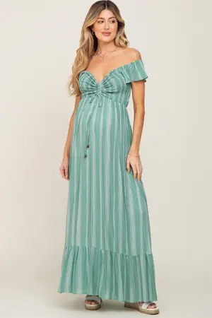 PINKBLUSH Striped Off Shoulder Maternity Maxi Dress - Green