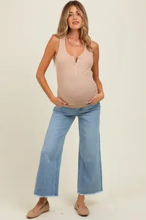 PINKBLUSH Fringe Hem Ankle Wide Leg Maternity Jeans