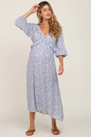 PINKBLUSH Floral Ruffle V-neck Midi Dress - Blue