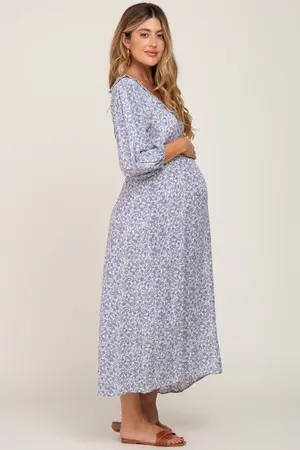 PINKBLUSH Floral Ruffle V-neck Midi Dress - Blue