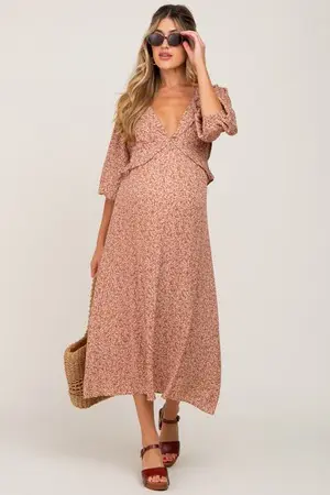 PINKBLUSH Floral Ruffle V-neck Midi Dress - Rust