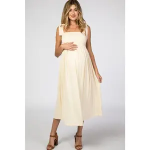 PINKBLUSH Smocked Tie Strap Midi Dress - Beige