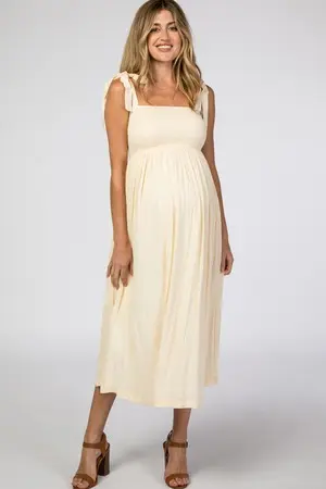 PINKBLUSH Smocked Tie Strap Midi Dress - Beige