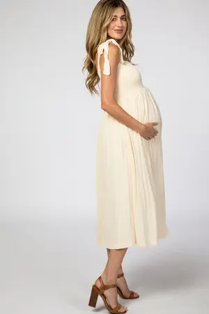 PINKBLUSH Smocked Tie Strap Midi Dress - Beige