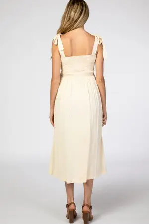 PINKBLUSH Smocked Tie Strap Midi Dress - Beige