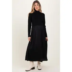 PINKBLUSH Knit Contrast Top Satin Midi Dress - Black