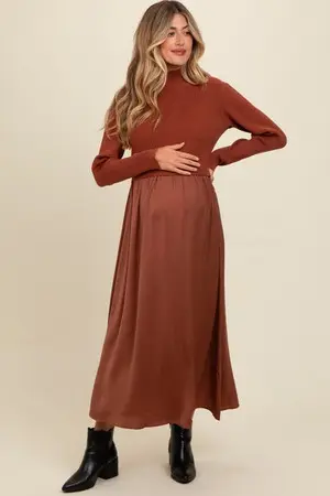 PINKBLUSH Knit Contrast Top Satin Midi Dress - Brown