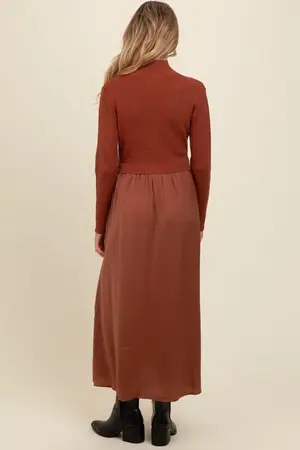 PINKBLUSH Knit Contrast Top Satin Midi Dress - Brown