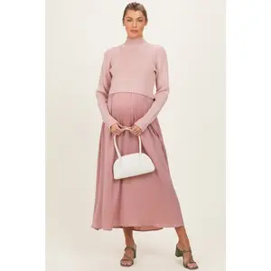 PINKBLUSH Knit Contrast Top Satin Midi Dress - Mauve
