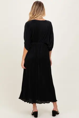 PINKBLUSH Pleated Satin Dolman Sleeve Maxi Dress - Black