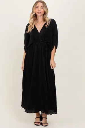 PINKBLUSH Pleated Satin Dolman Sleeve Maxi Dress - Black