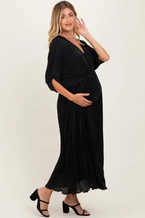 PINKBLUSH Pleated Satin Dolman Sleeve Maxi Dress - Black