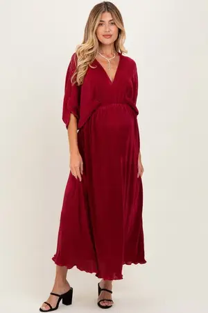 PINKBLUSH Pleated Satin Dolman Sleeve Maxi Dress - Burgundy