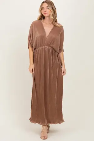 PINKBLUSH Pleated Satin Dolman Sleeve Maxi Dress - Mocha