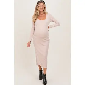 PINKBLUSH Scoop Neck Long Sleeve Maternity Midi Dress - Beige
