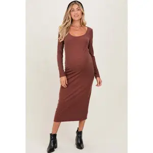 PINKBLUSH Scoop Neck Long Sleeve Maternity Midi Dress - Brown