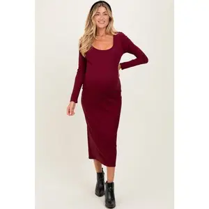 PINKBLUSH Scoop Neck Long Sleeve Midi Dress - Burgundy