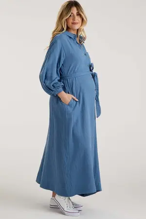 PINKBLUSH Gauze Belted Shirt Maternity Midi Dress