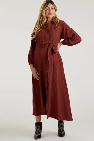 PINKBLUSH Gauze Belted Shirt Maternity Midi Dress