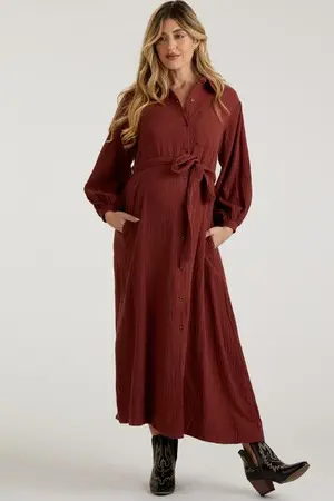 PINKBLUSH Gauze Belted Shirt Maternity Midi Dress