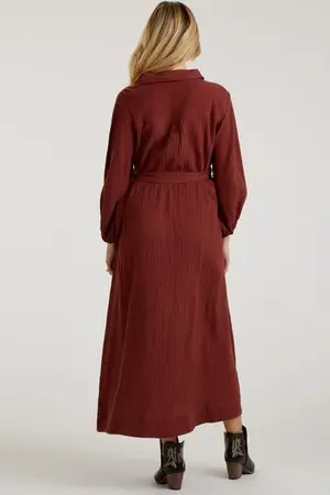 PINKBLUSH Gauze Belted Shirt Maternity Midi Dress