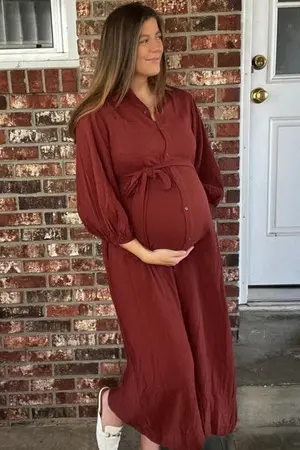 PINKBLUSH Gauze Belted Shirt Maternity Midi Dress