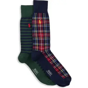 Polo Ralph Lauren Big & Tall 2-pack Holiday Plaid Striped Socks - Navy