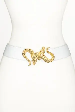 RAINA BELTS Lauren Leaf Buckle Leather Belt - White