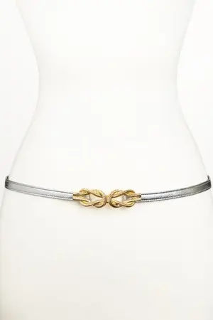 RAINA BELTS Knot Buckle Calfskin Leather Belt - Silver