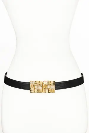 RAINA BELTS Square Gold Buckle Leather Belt - Black