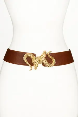 RAINA BELTS Dragon Buckle Leather Belt - Cognac