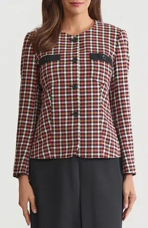 KASPER Collarless Houndstooth Blazer