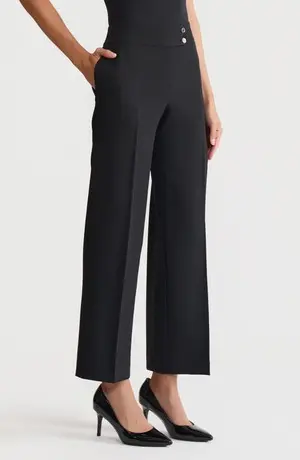 KASPER Button Tab Wide Leg Pants - Black