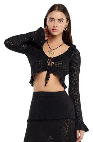 CAPITTANA Addie Openwork Crochet Crop Cover-up Top - Black