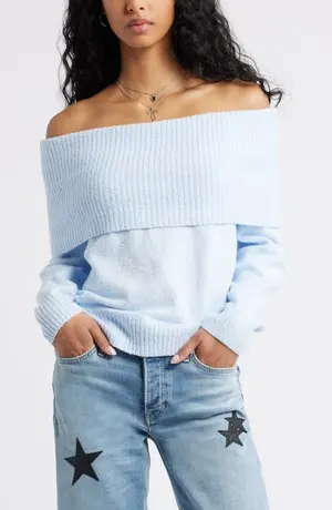 Bp. Bouclé Off-the-shoulder Sweater - Blue Bird