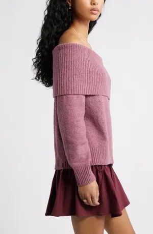 Bp. Bouclé Off-the-shoulder Sweater - Burgundy Shade