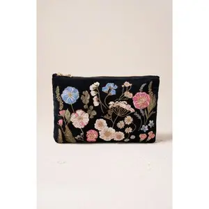 ELIZABETH SCARLETT Pressed Flowers Velvet Everyday Pouch - Charcoal